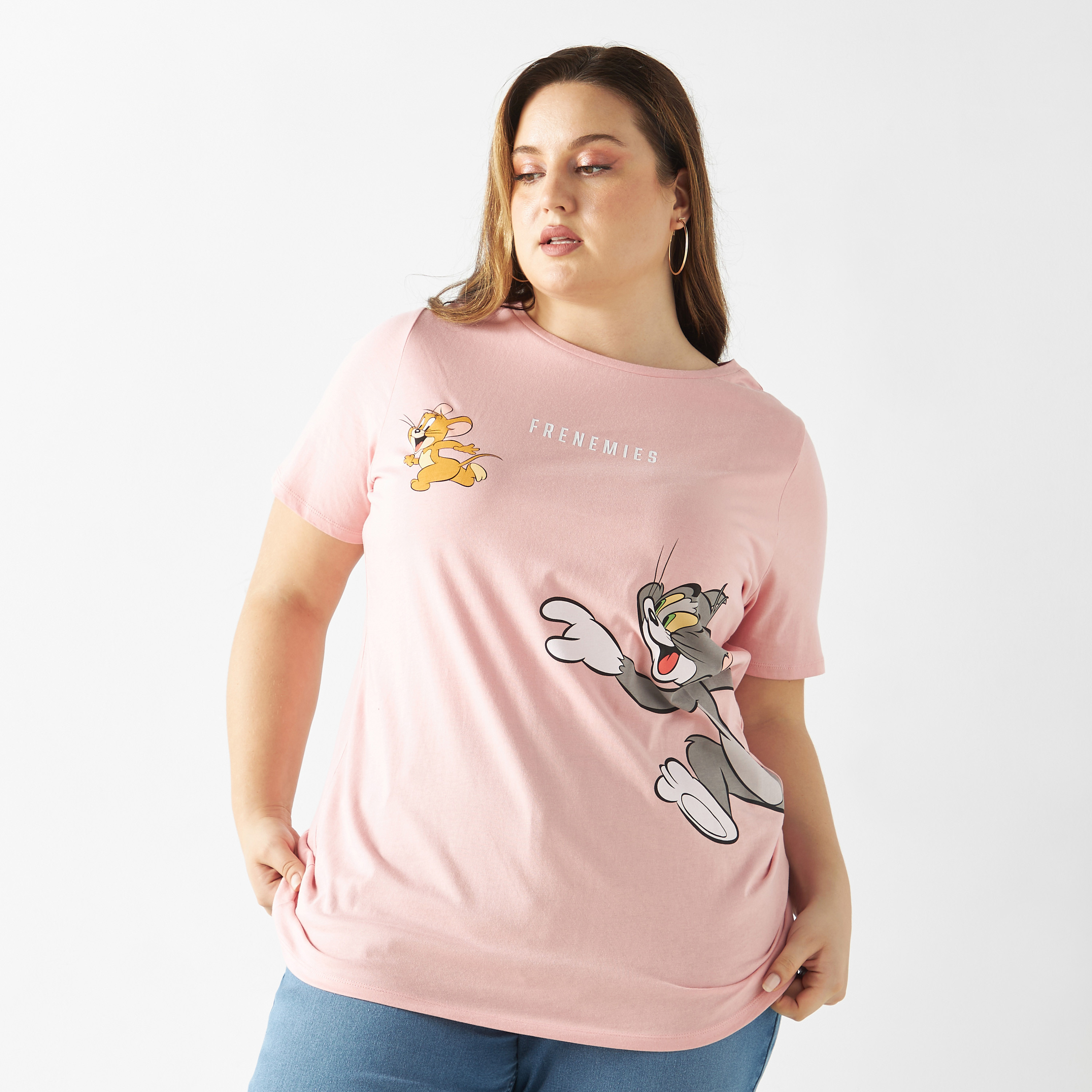 Shop Plus Size Tom and Jerry Print Crew Neck T-shirt with Short Sleeves ...