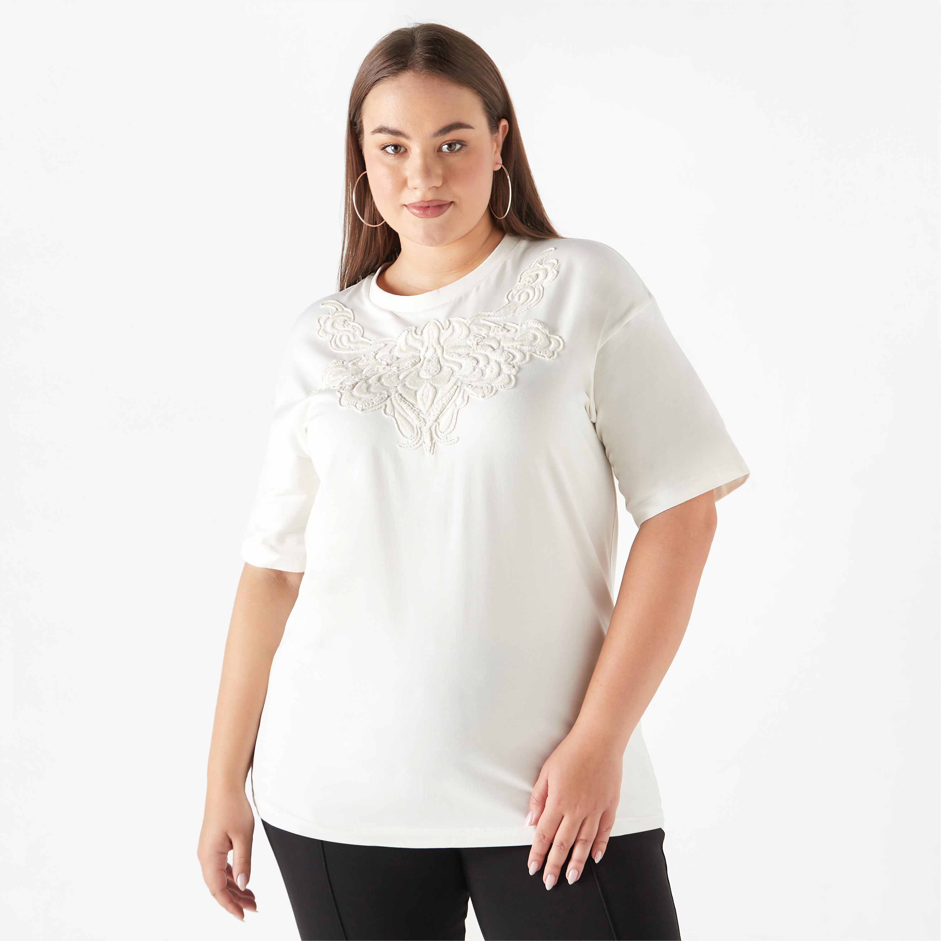 Shop Plus Size Ulla Popken Embroidered Top with Short Sleeves and Round ...