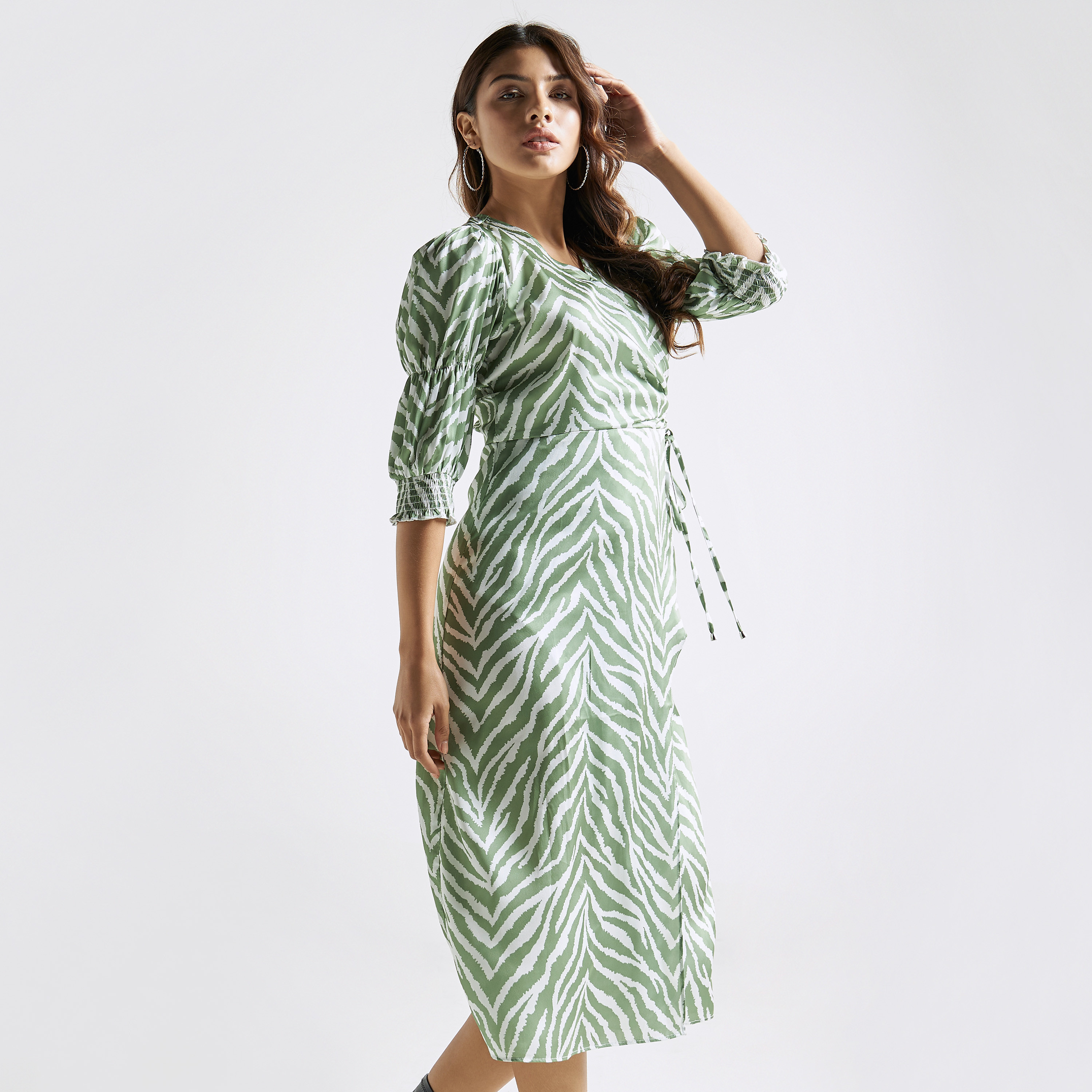 Shop All-Over Print Wrap Dress with V-neck and Shirred Detail Online ...