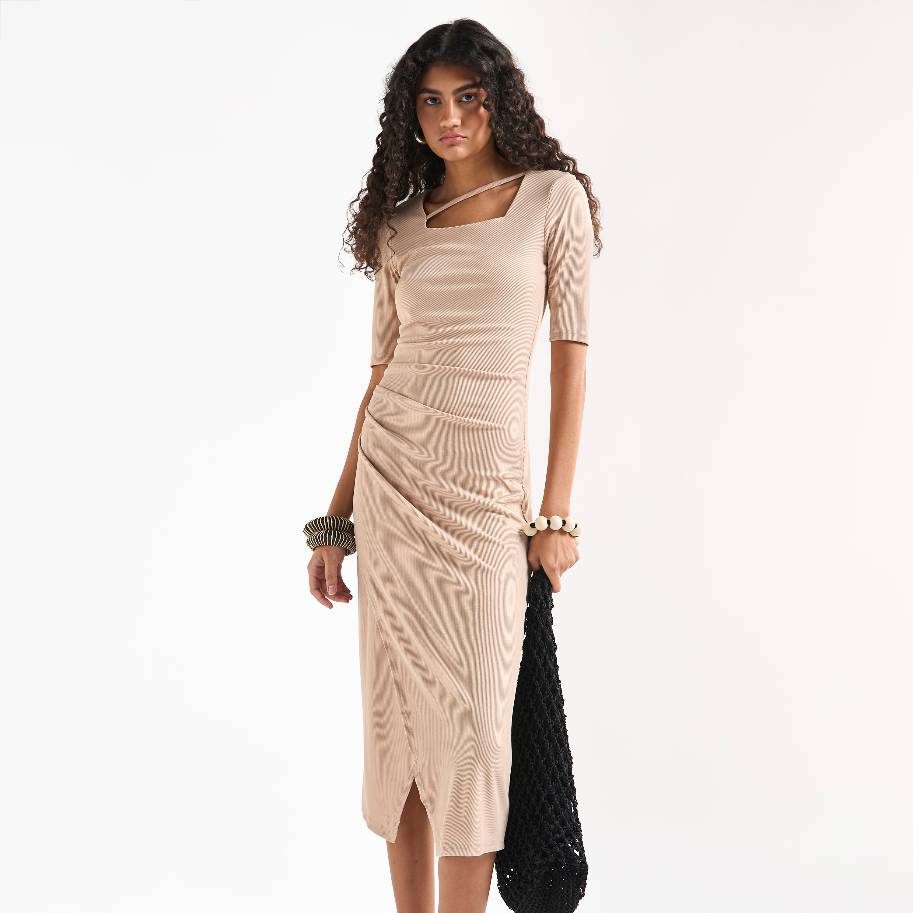 Shop Textured Bodycon Dress with Square Neck and Tulip Hemline Online ...