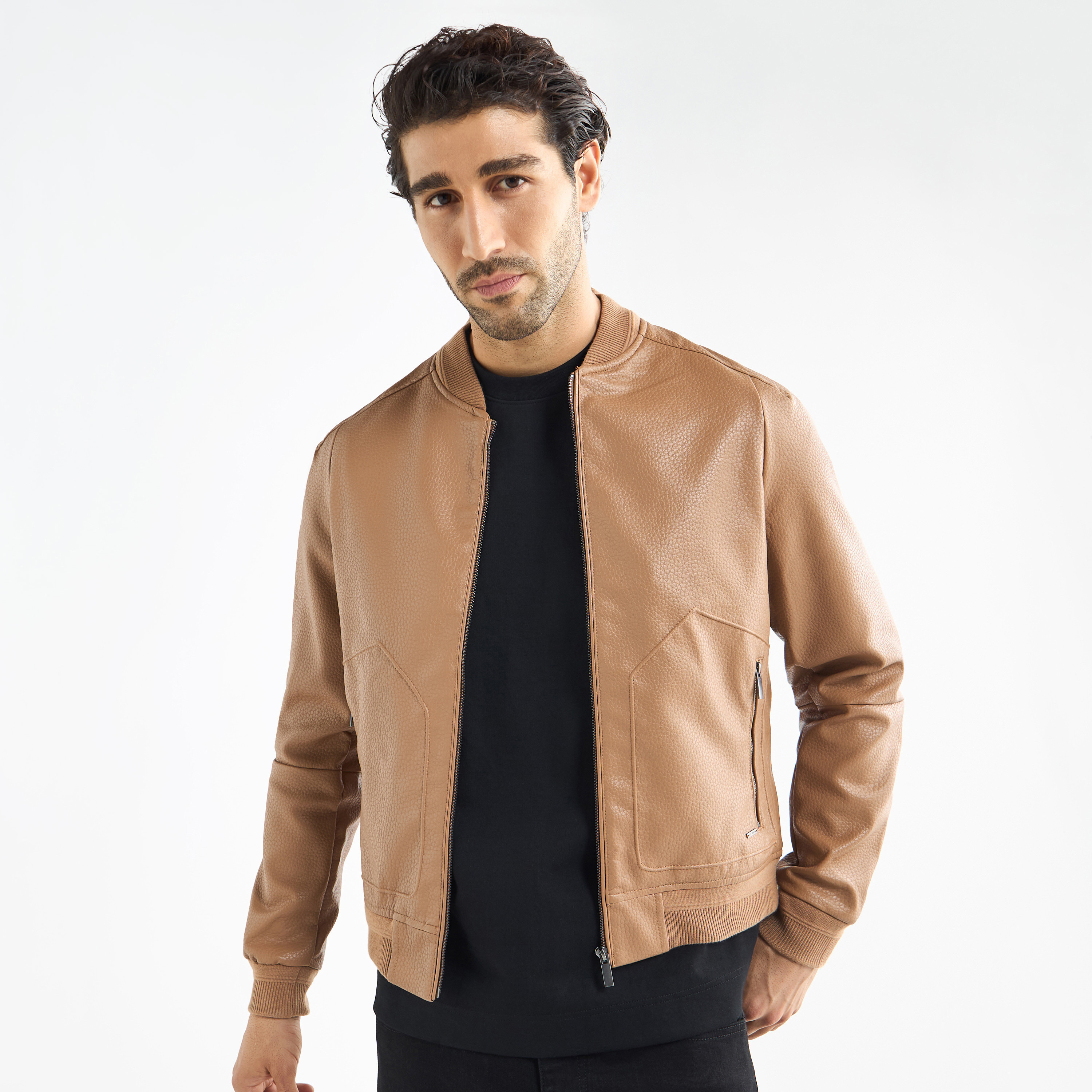 Shop Textured Bomber Jacket with Zip Closure and Pockets Online ...