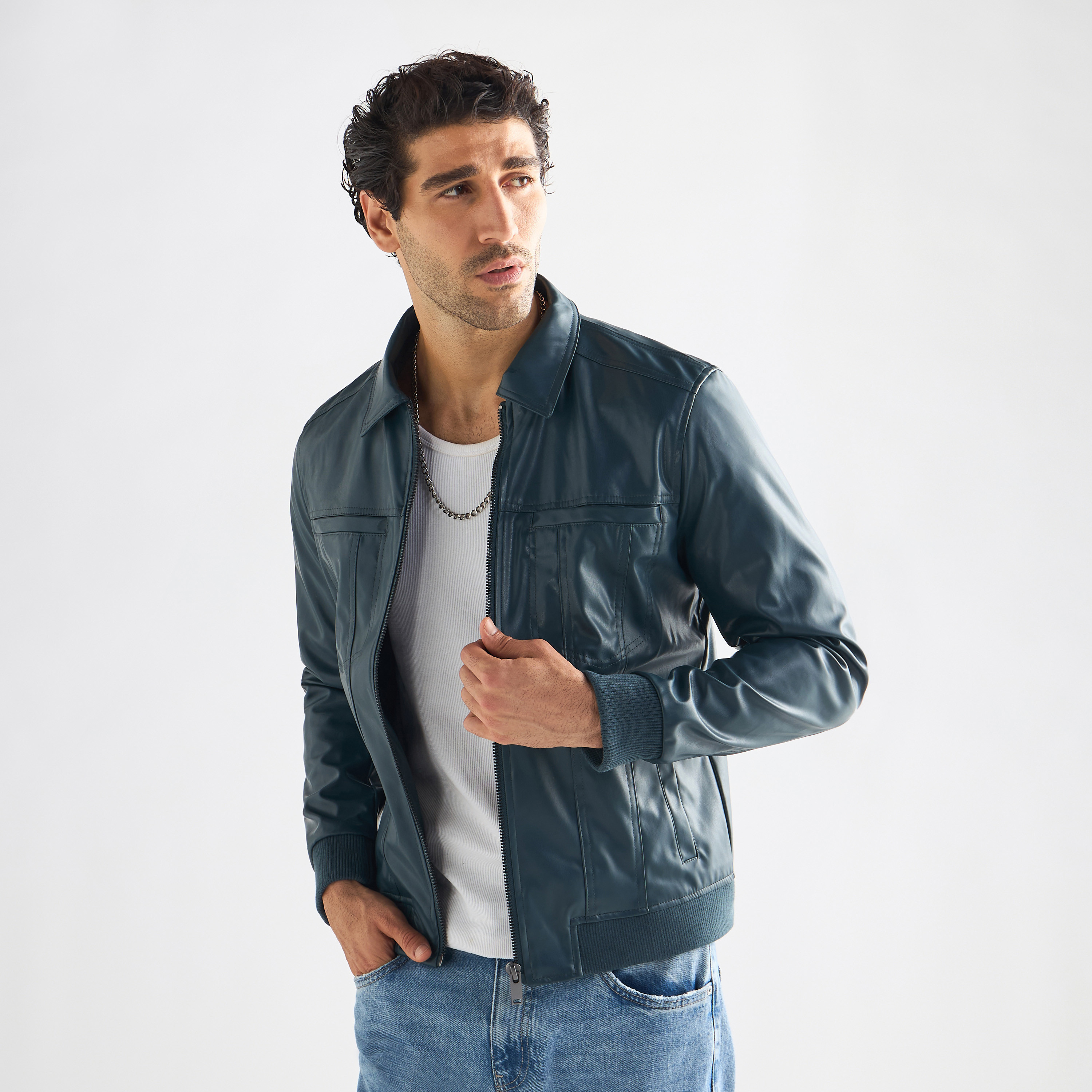 Shop Solid Biker Jacket with Zip Closure and Pockets Online ...