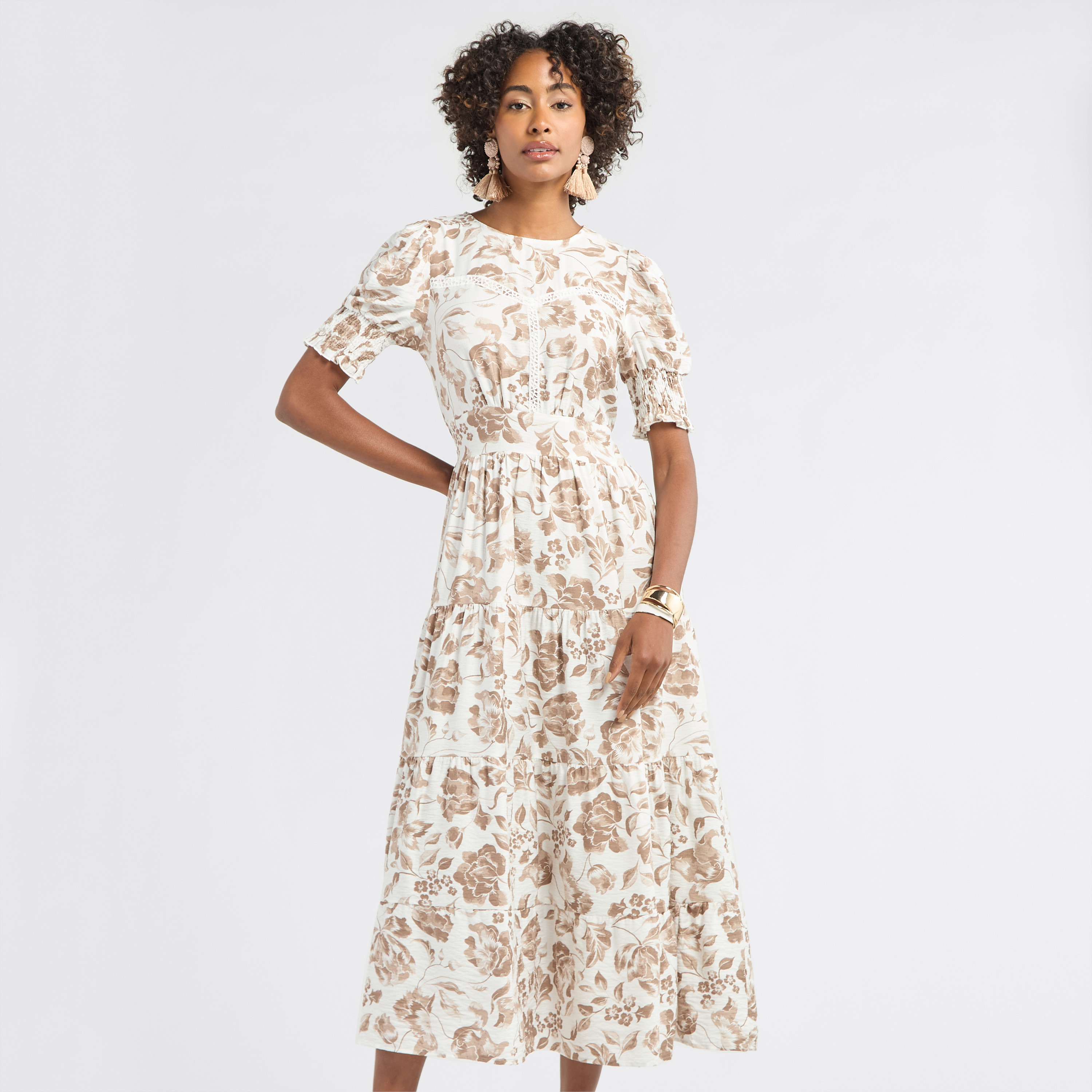 Shop Floral Print Midi Dress with Smocked and Lace Detail Online Splash UAE