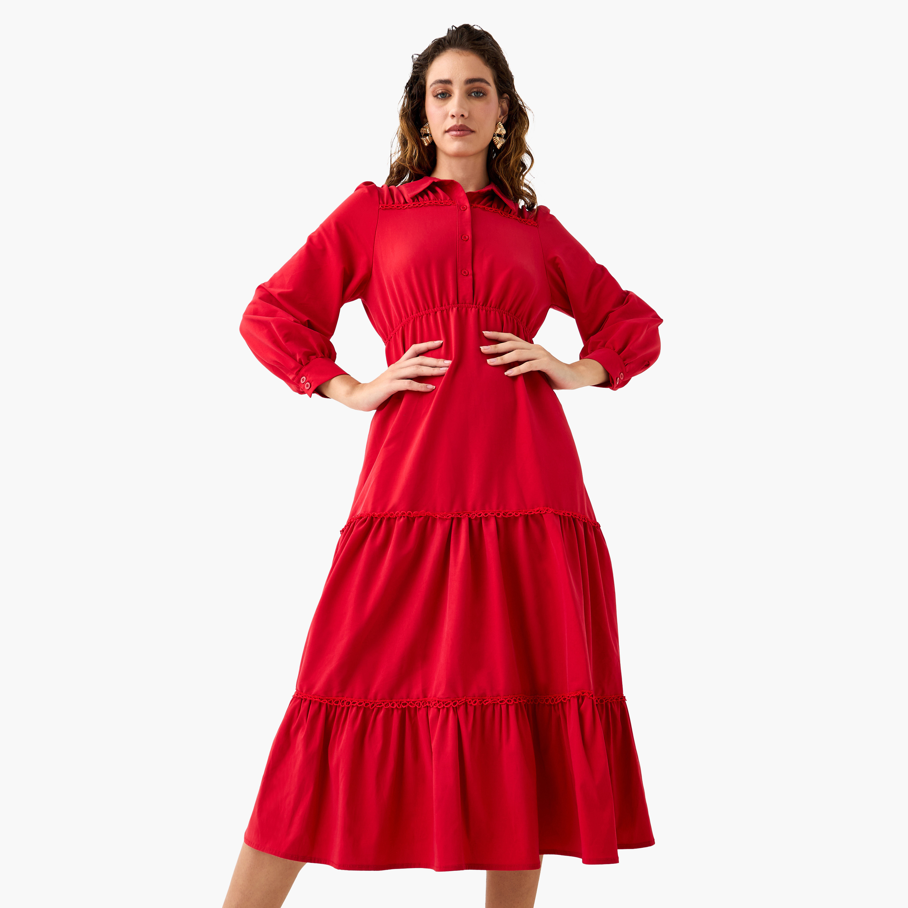 Shop Solid Tiered Midi Dress with Puff Sleeves and Collar Online ...