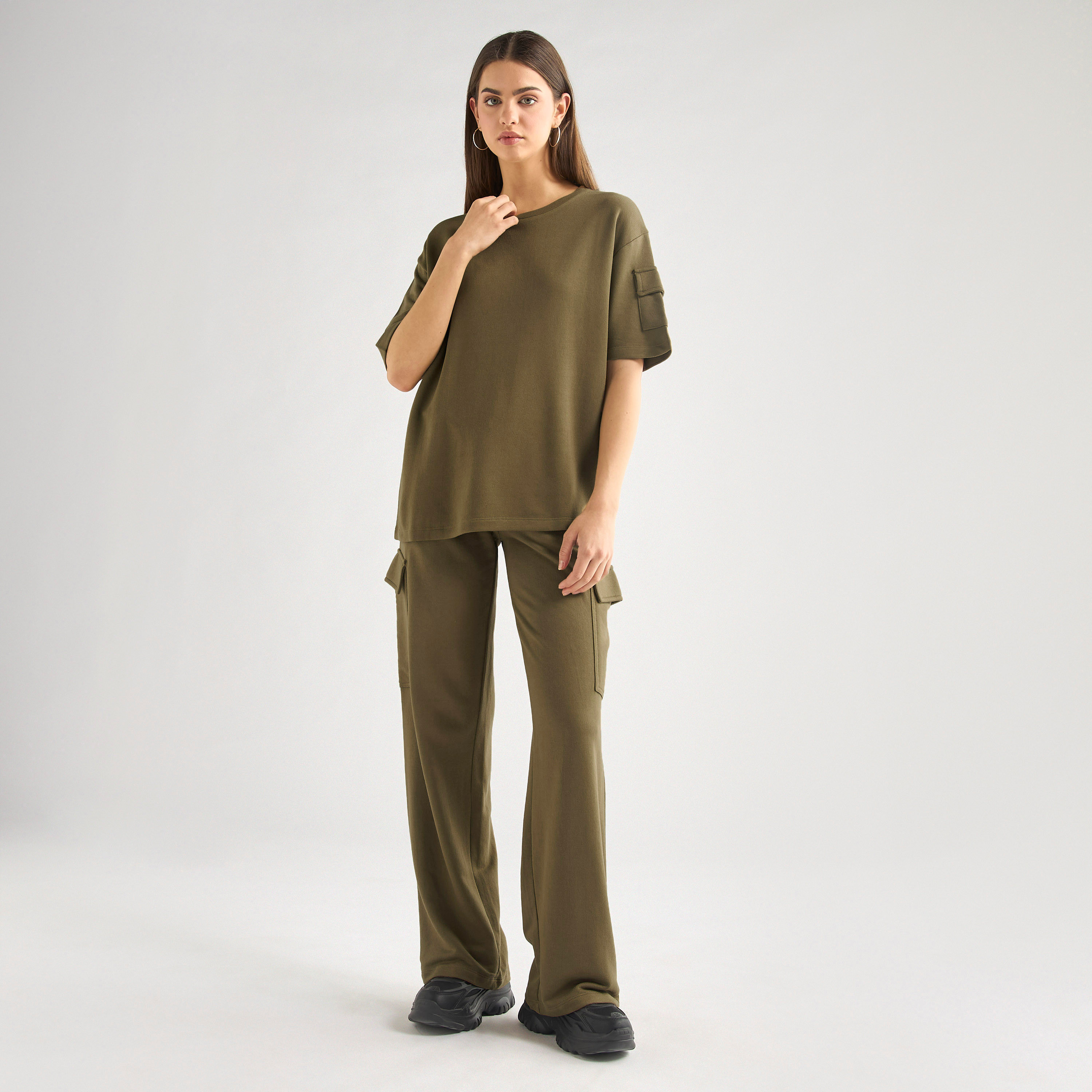 Shop Crew Neck Pocket Detail T-shirt and Cargo Pants Set Online ...