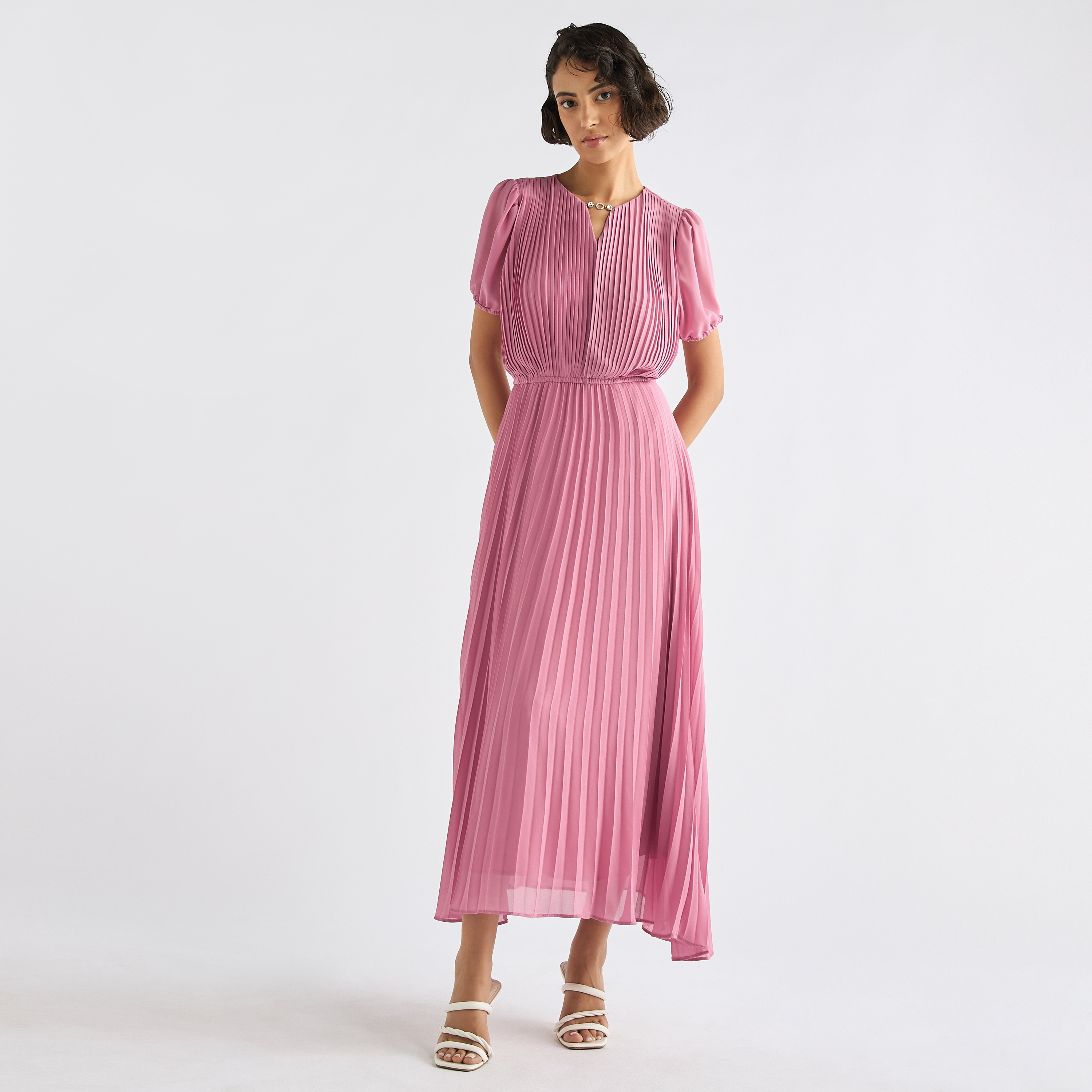 Shop Pleated Keyhole Neck Dress with Puff Sleeves Online | Splash UAE
