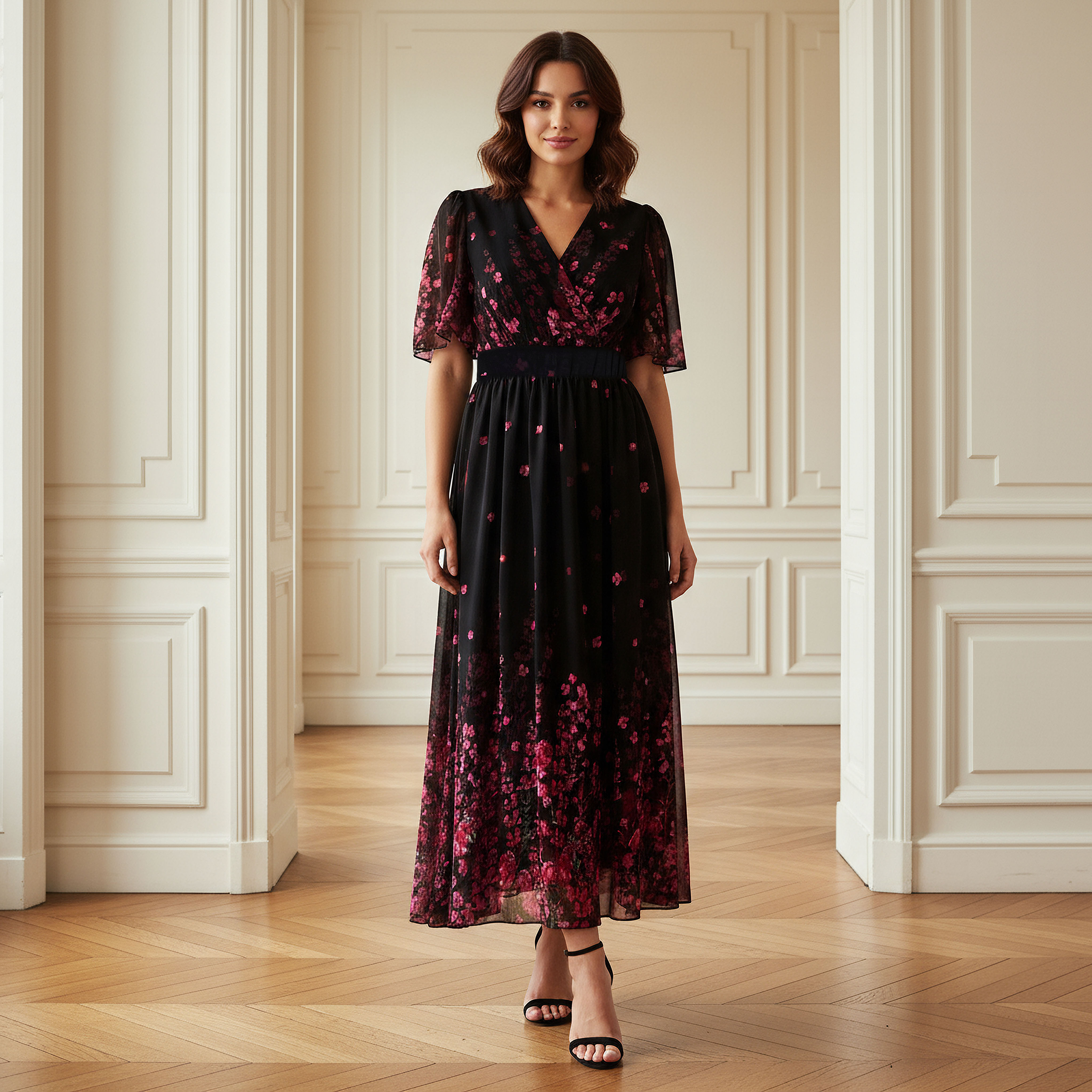 Buy Floral Print Midi Dress with V-neck and Short Ruffle Sleeves Online ...