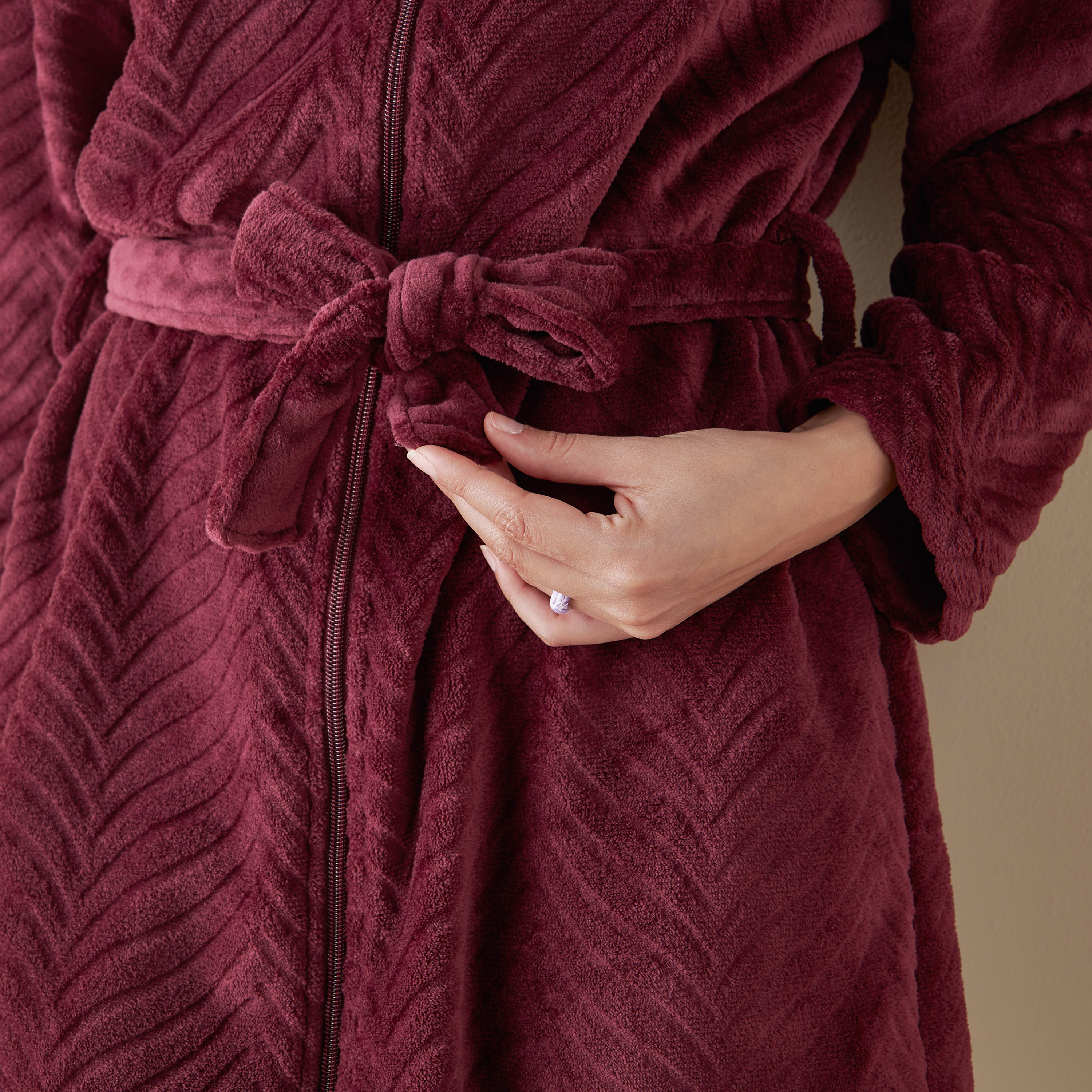 Buy Textured High Neck Robe with Belt Tie-Up and Zip Closure Online ...