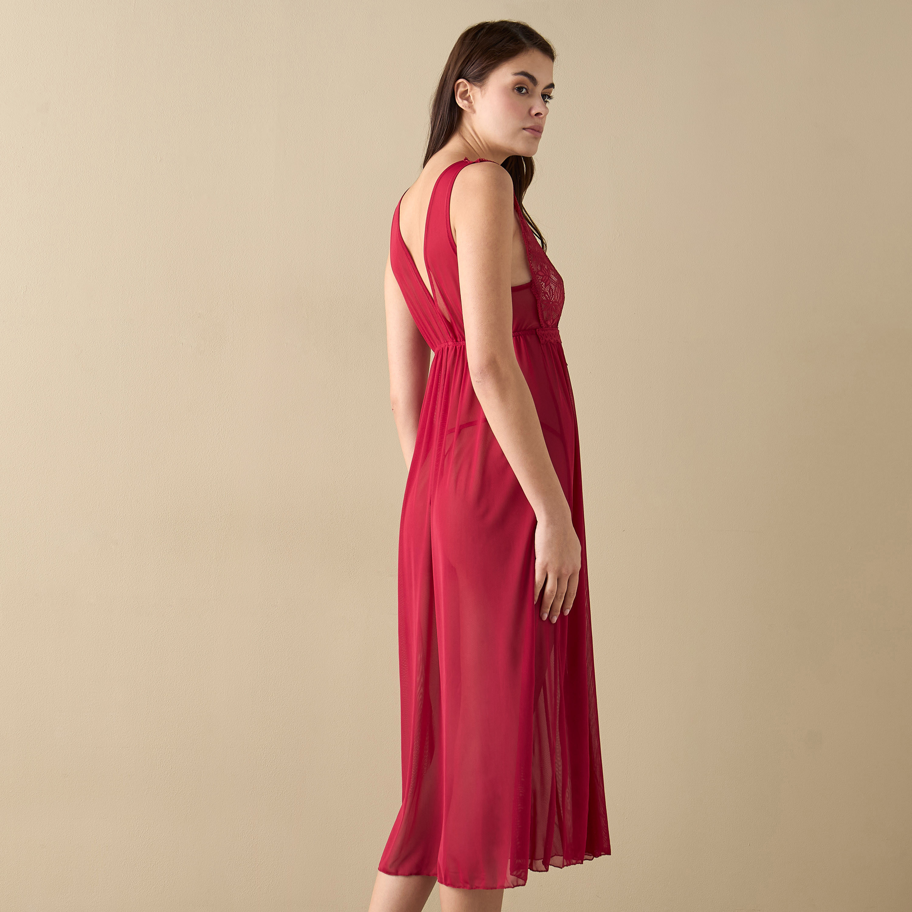 Shop Lace Detail Sleeveless Night Dress with Thongs Online Shop Lace Detail Sleeveless Night Dress with Thongs Online