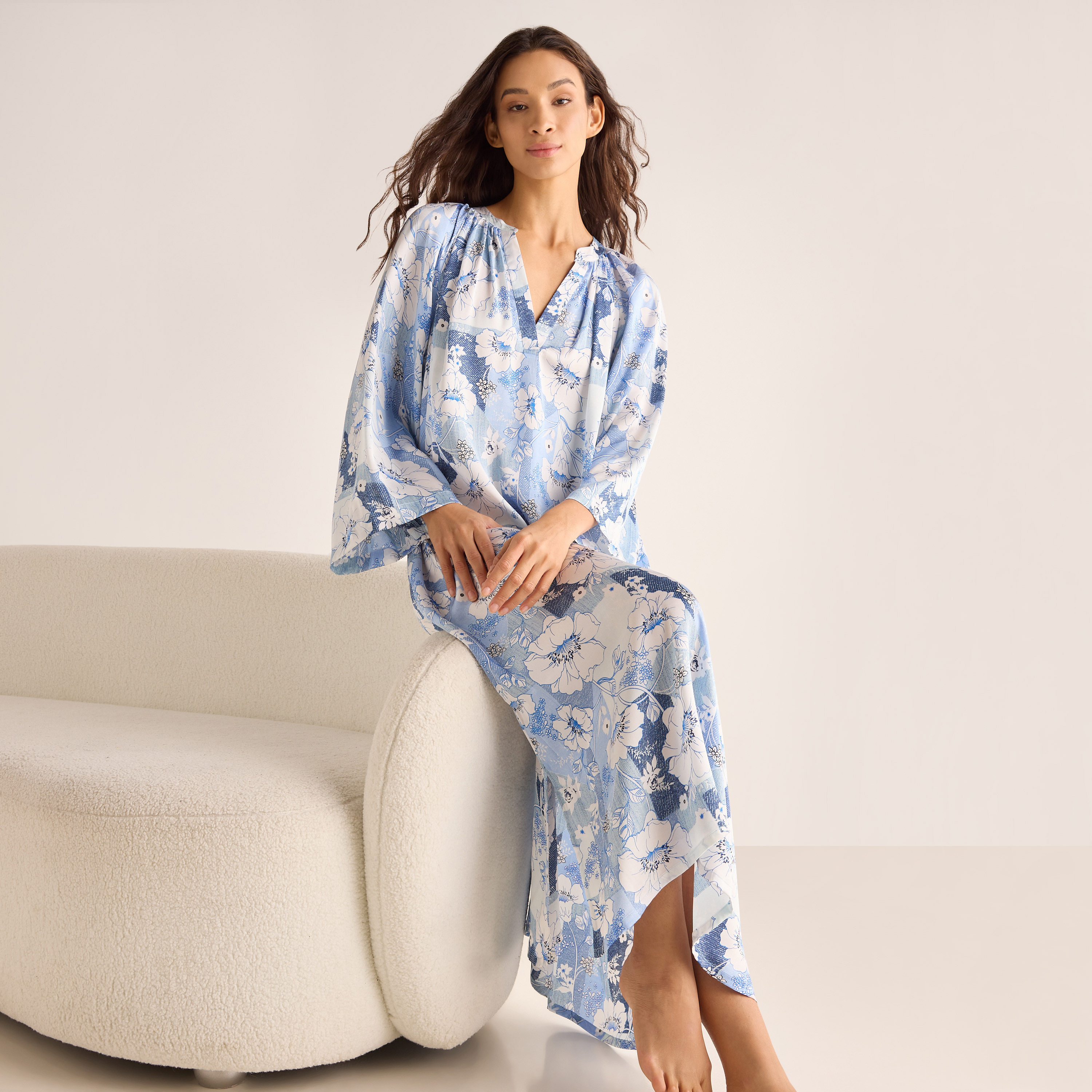 Shop Floral Print Night Dress with Collar and Long Sleeves Online ...