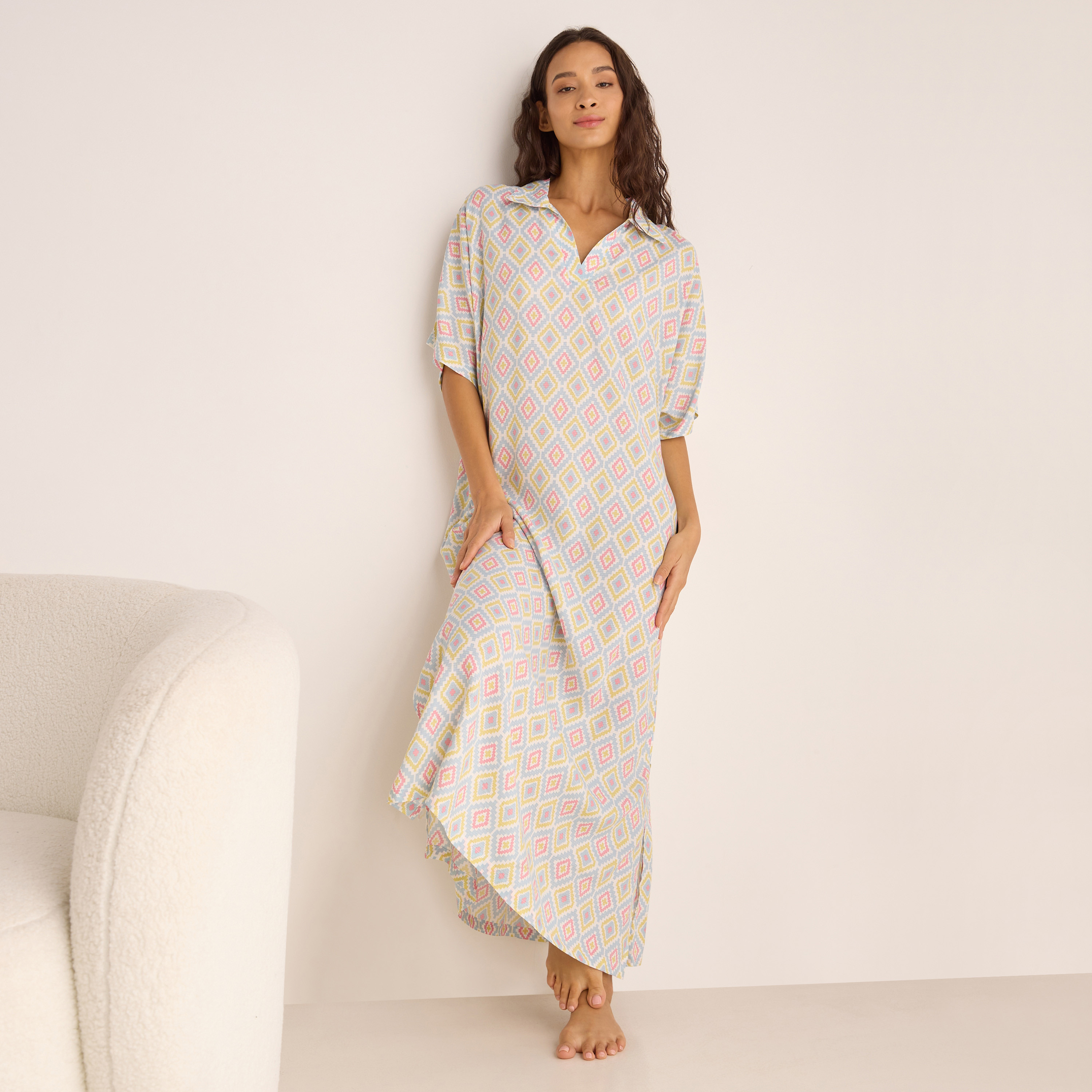 Shop Printed Night Dress with Collar and Short Sleeves Online | Splash UAE