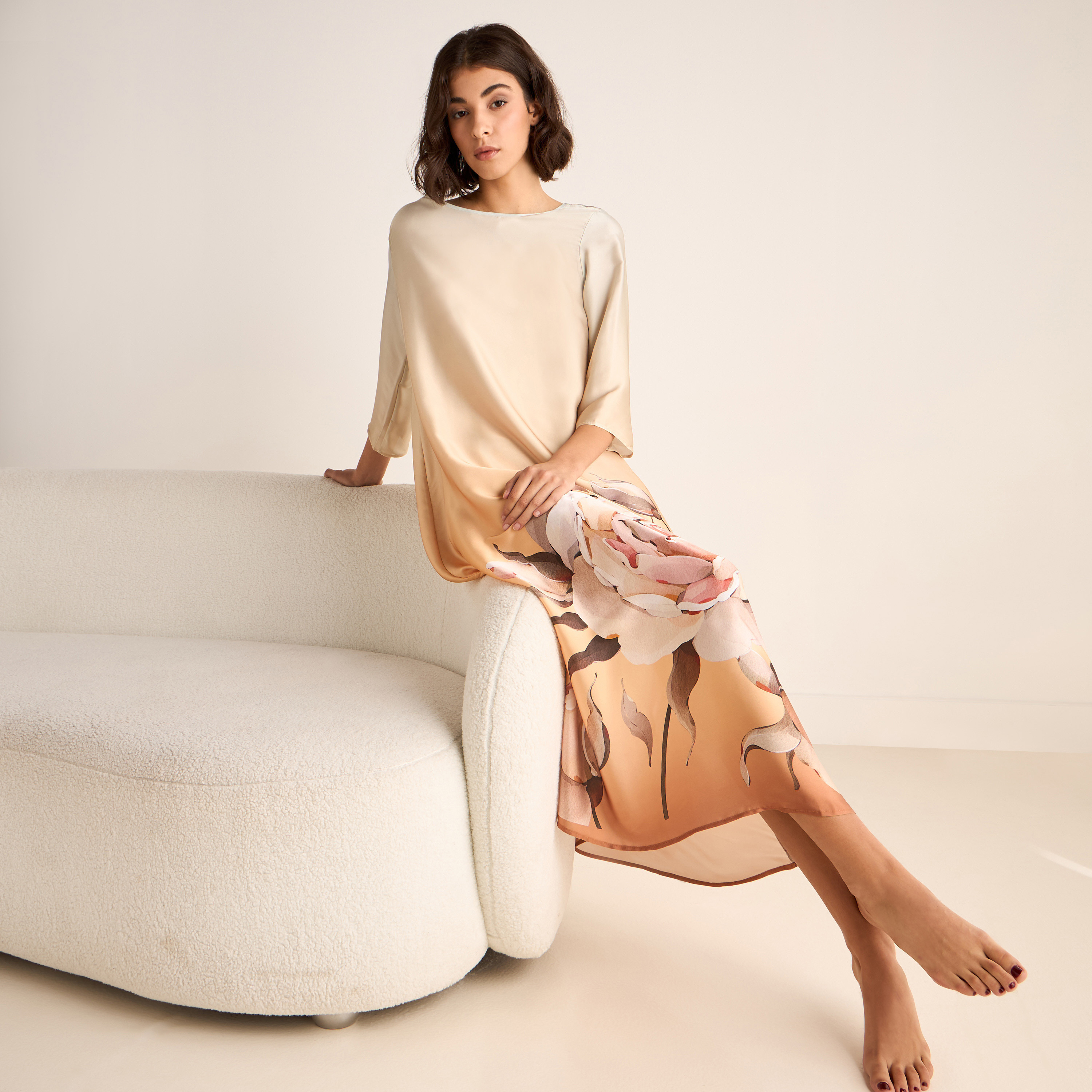 Shop Floral Print Night Dress with Round Neck and 3/4 Sleeves Online ...