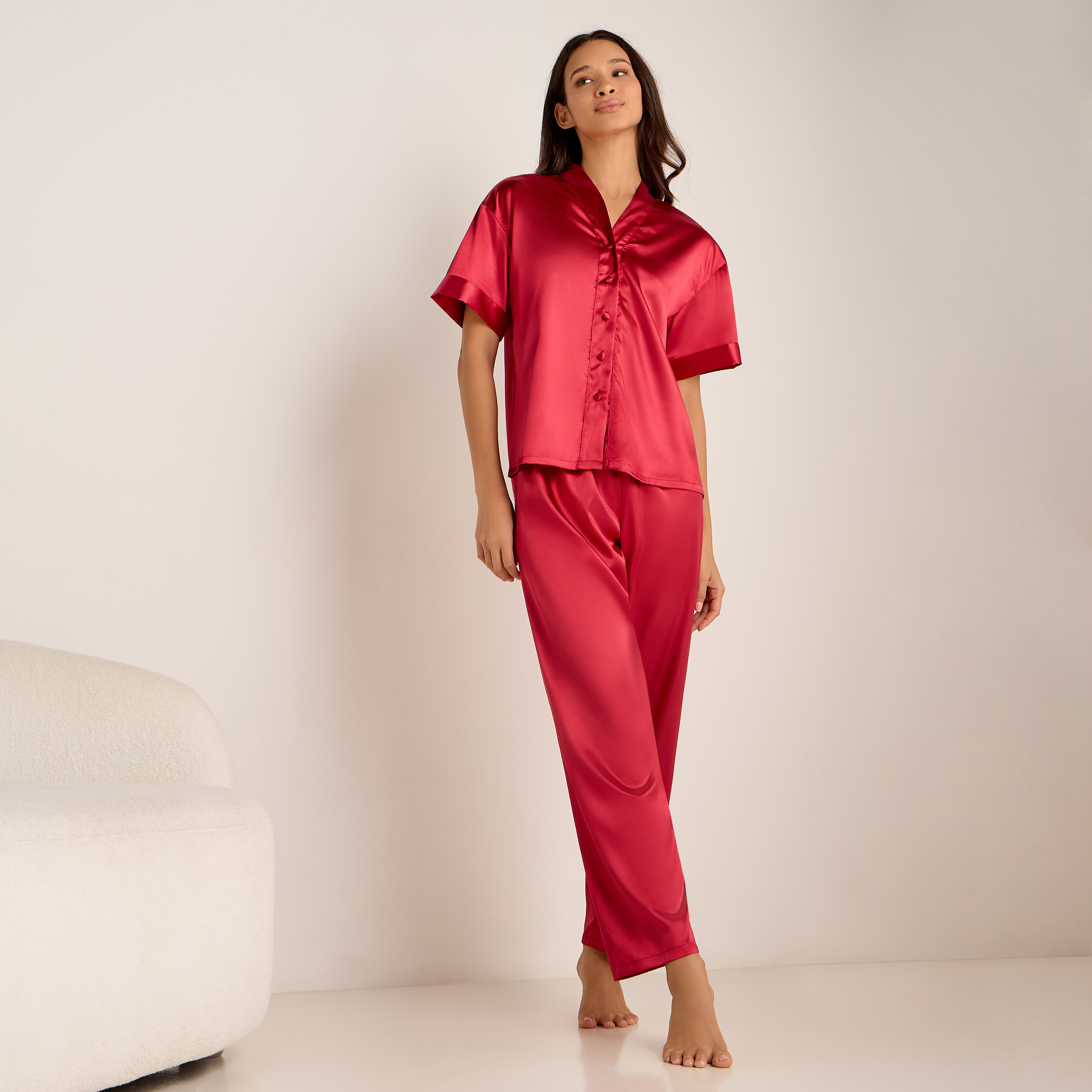 Buy V-neck Top with Short Sleeves and Elasticated Pyjama Set Online ...