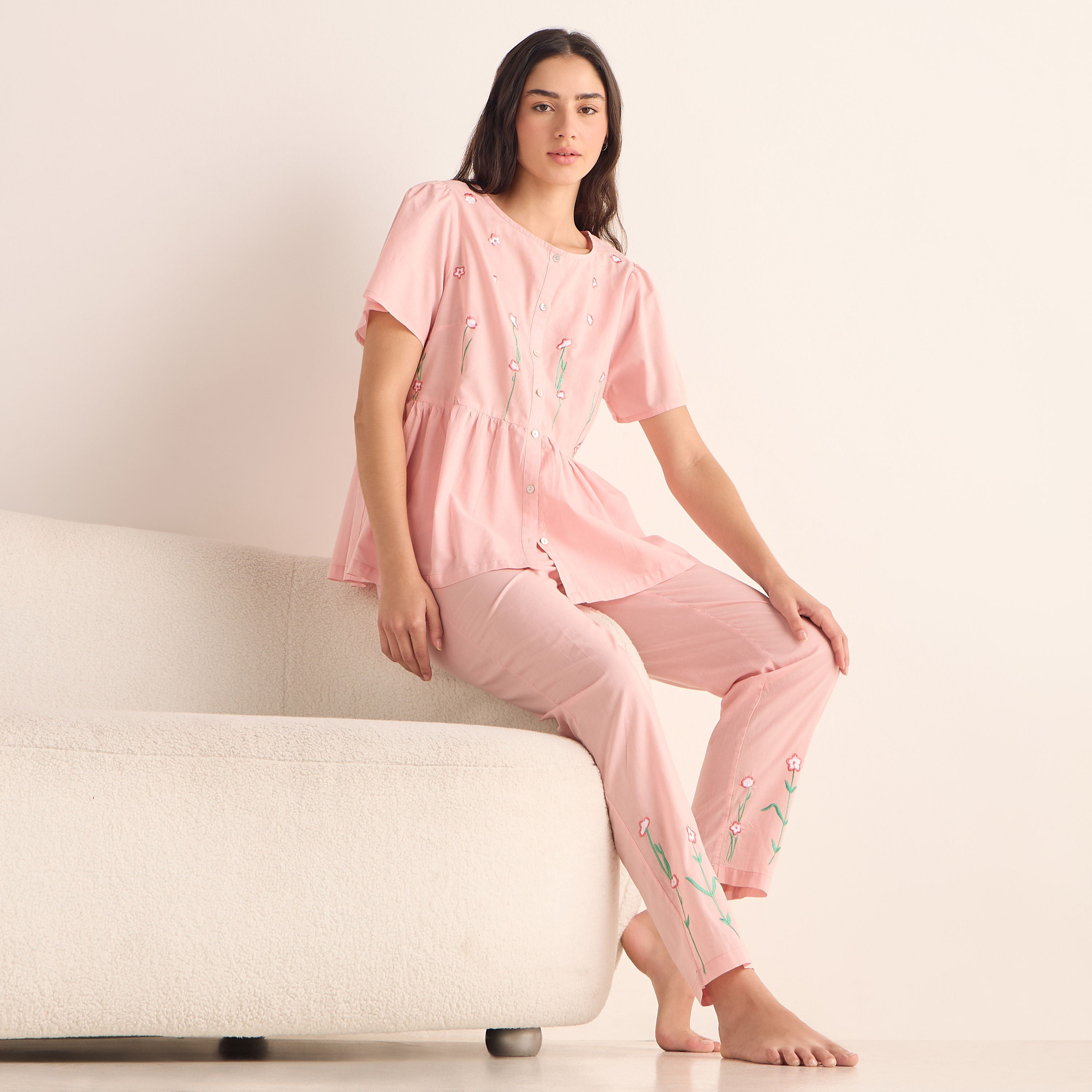 Buy Embroidered Cotton Shirt and Pyjama Set Online | Centrepoint Kuwait