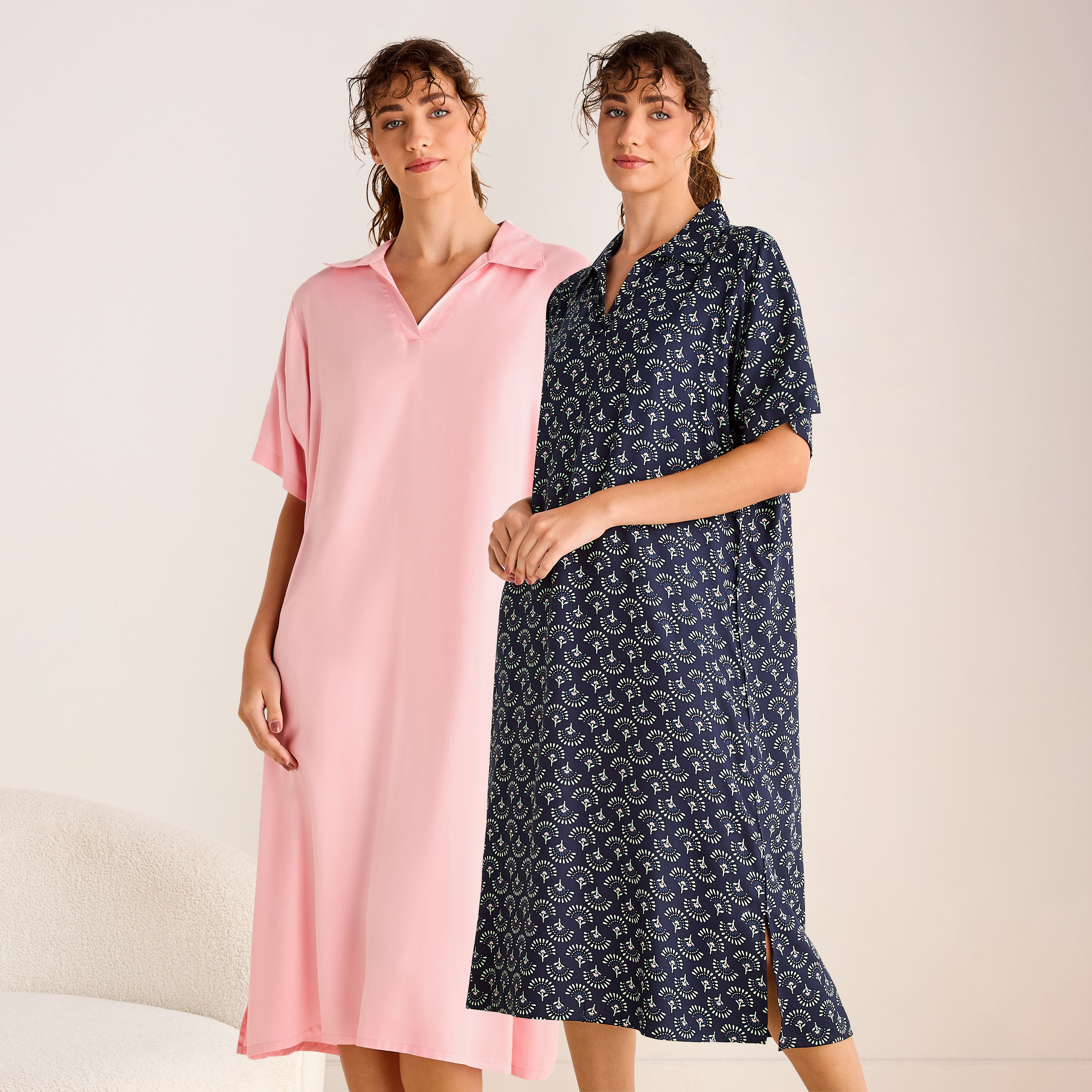 Shop Set of 2 - Assorted Night Dress with Collar Online | Centrepoint Oman