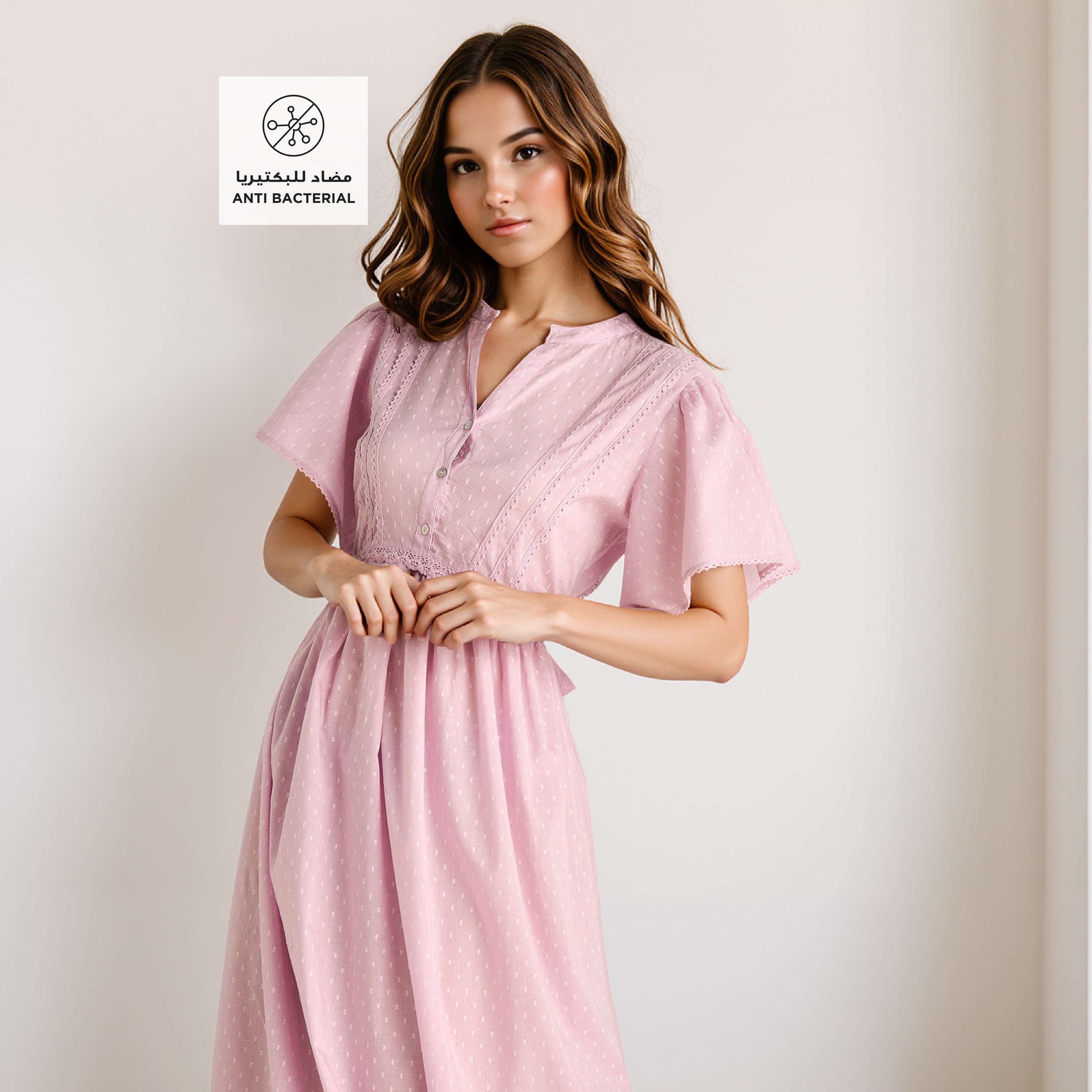 Shop Textured Dobby Viscose Night Gown with Tie-Up Belt and Flutter ...