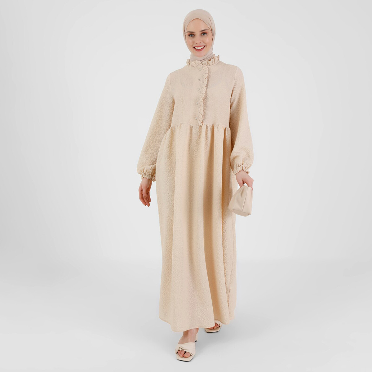 Buy Women's Modanisa Women Beige Textured Ruffled Neck Buttoned Dress ...