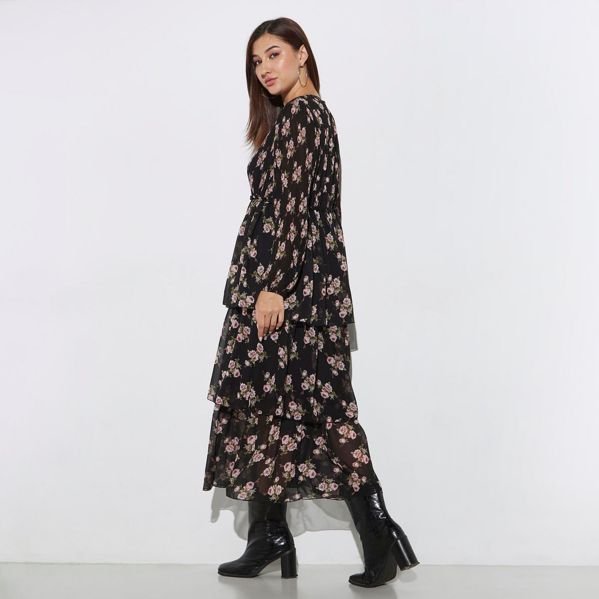 Buy Womens 2xtremz All Over Floral Print Maxi Tiered Dress With Round