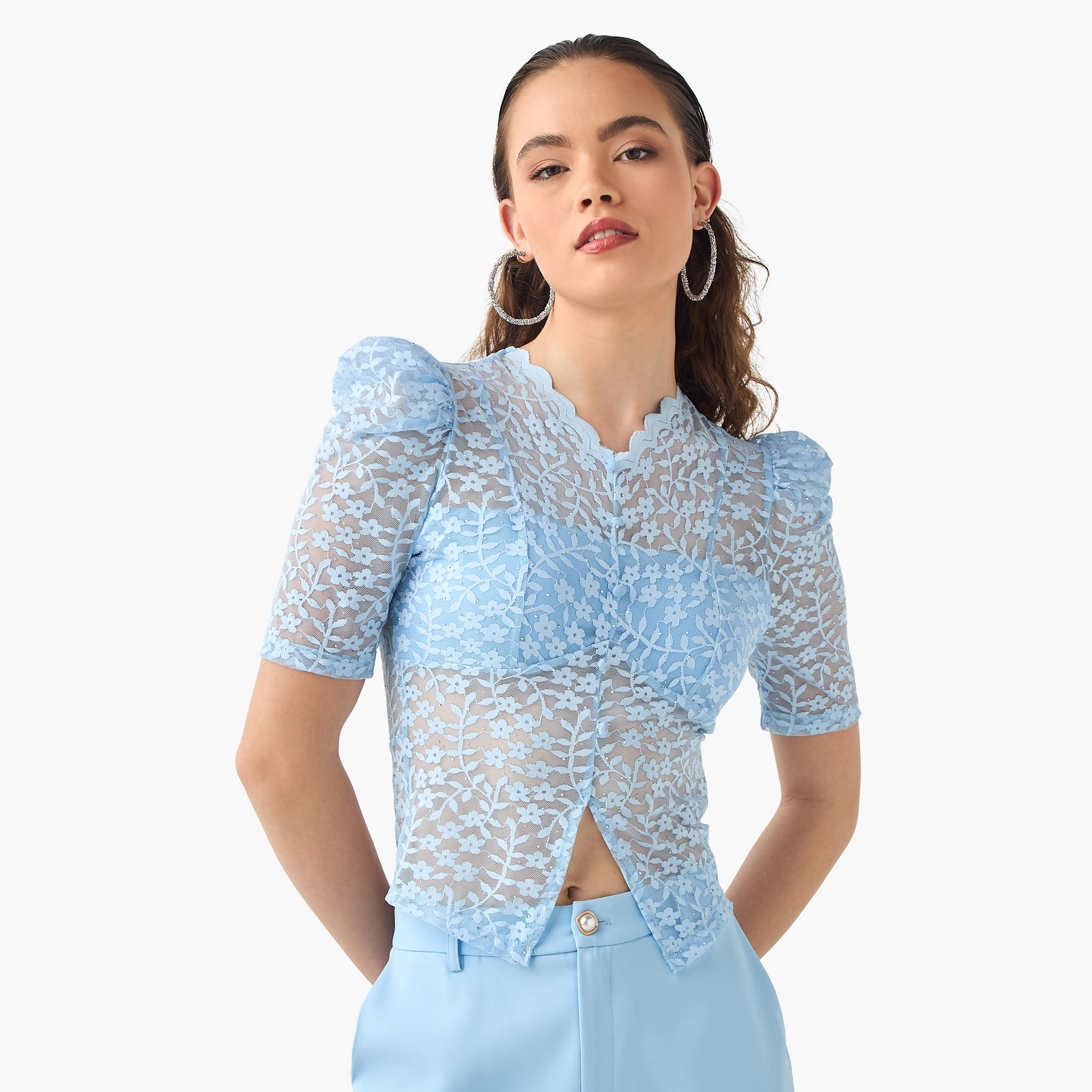 Shop 2Xtremz Flower Lace Sheer Top with Button Closure and Puff Sleeves ...