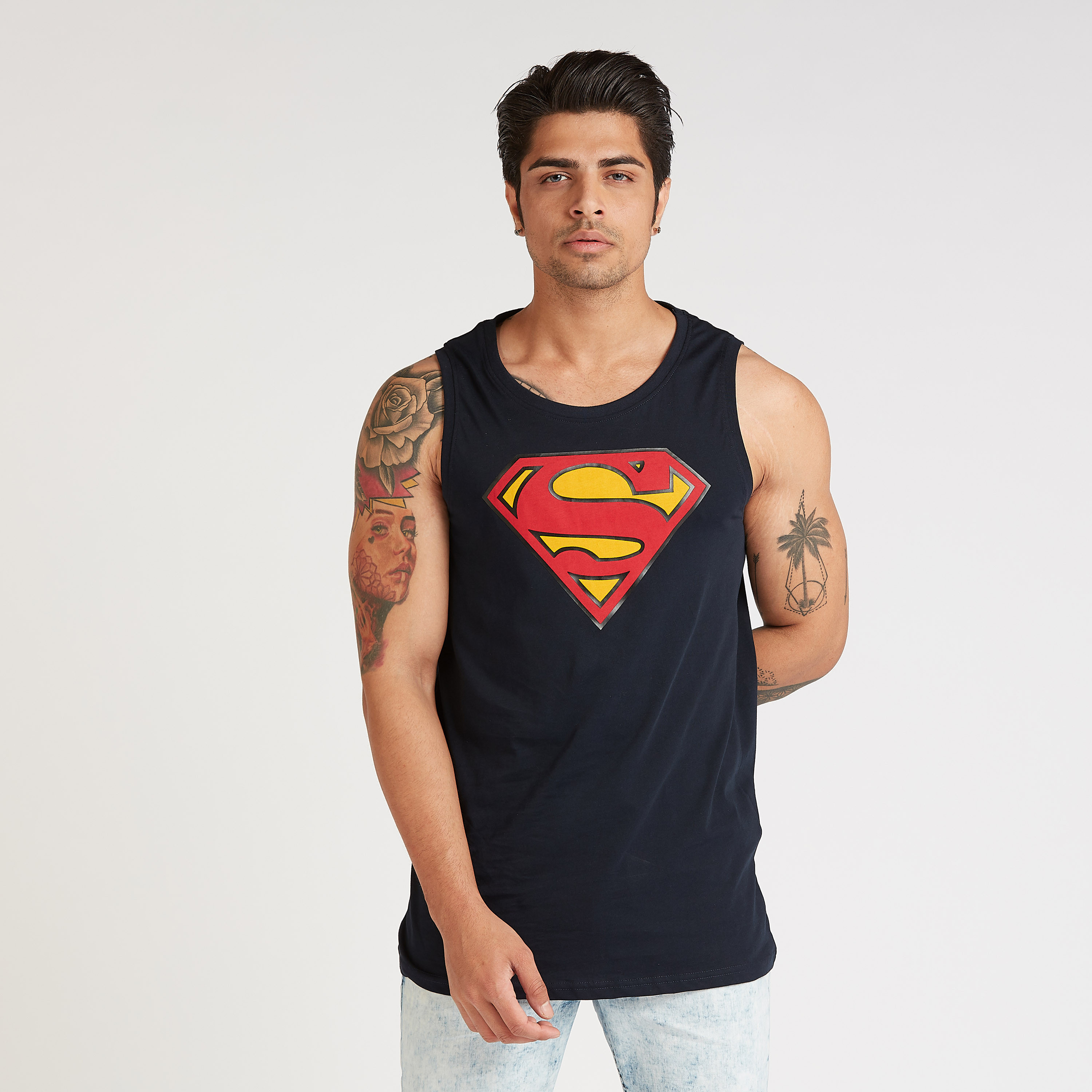 Shop Slim Fit Superman Print Sleeveless Vest with Round Neck Online ...
