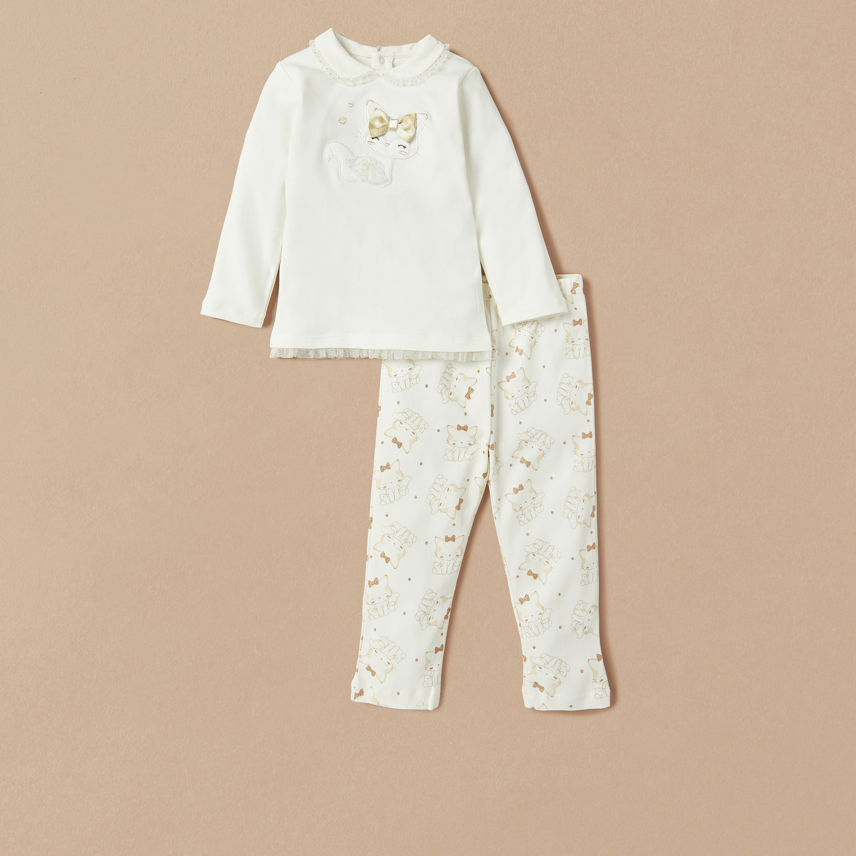 Buy Giggles Cat Print Collared T-shirt and Pyjama Set Online ...