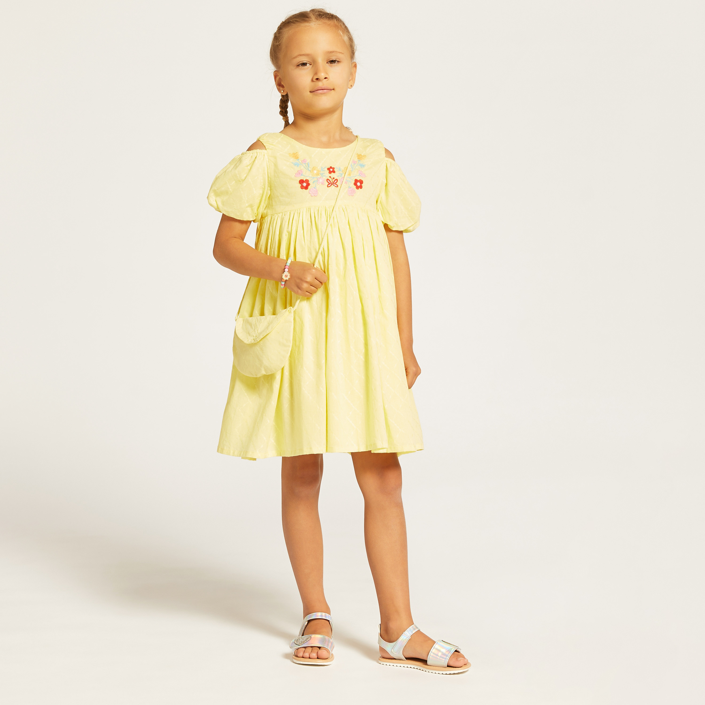 Juniors Floral Embroidered Cold Shoulder Dress