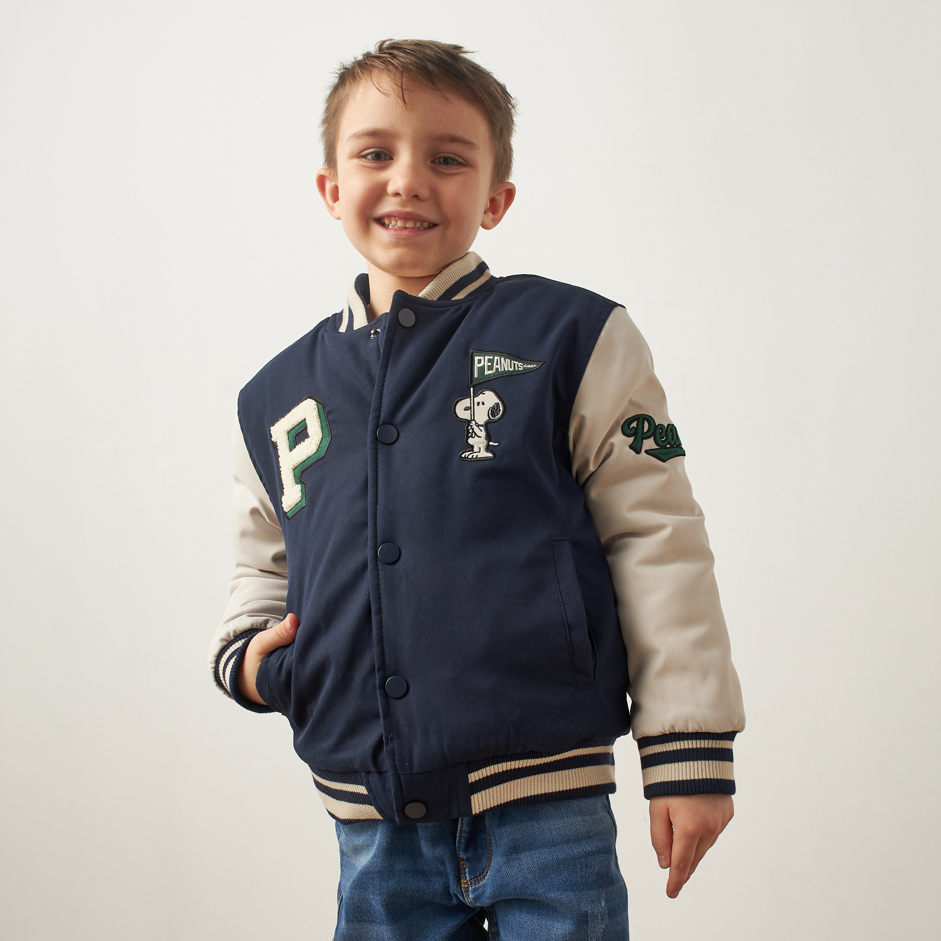 Buy Snoopy Dog Applique Jacket with Mandarin Collar and Pockets Online ...