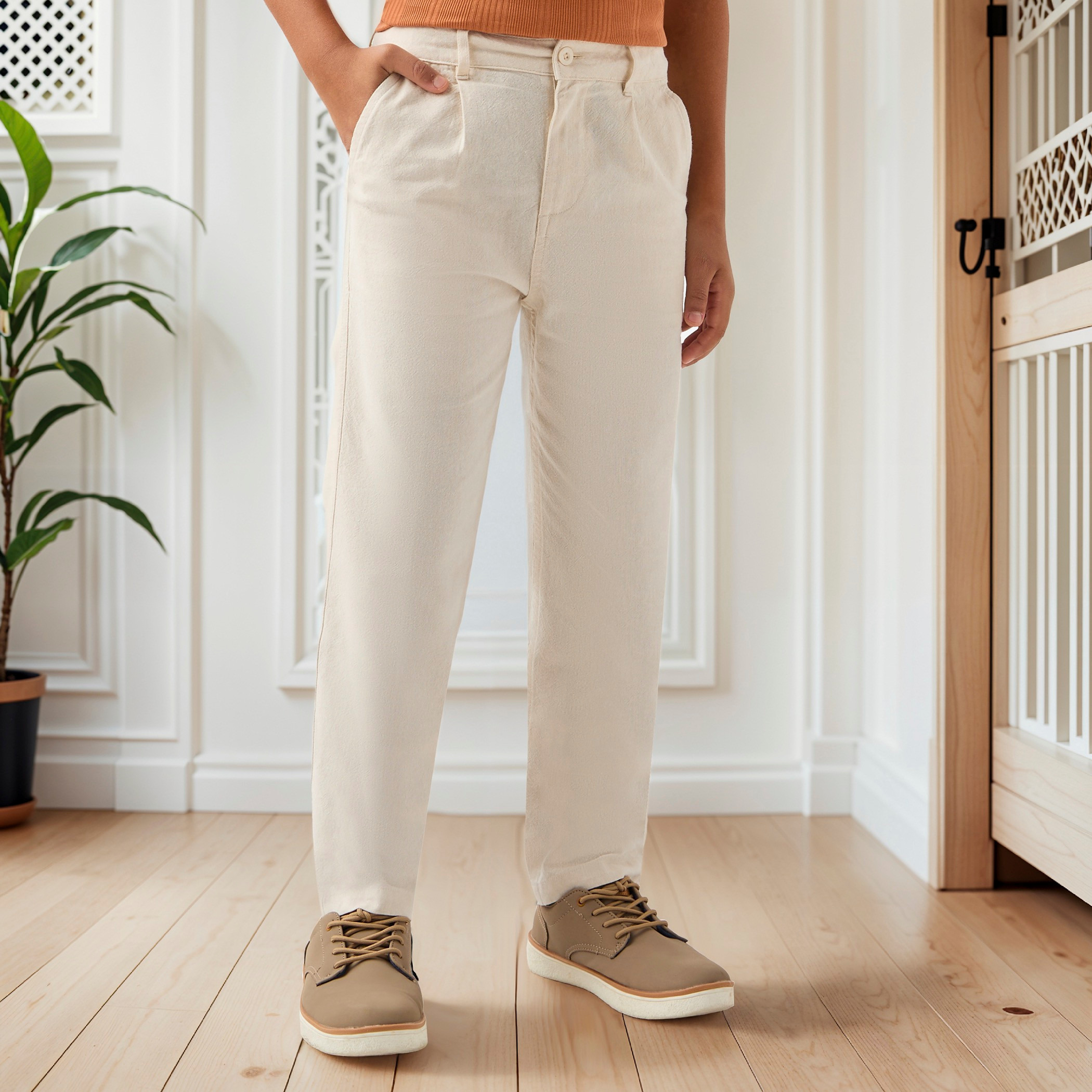 Shop Juniors Solid Pants with Pockets and Button Closure Online ...