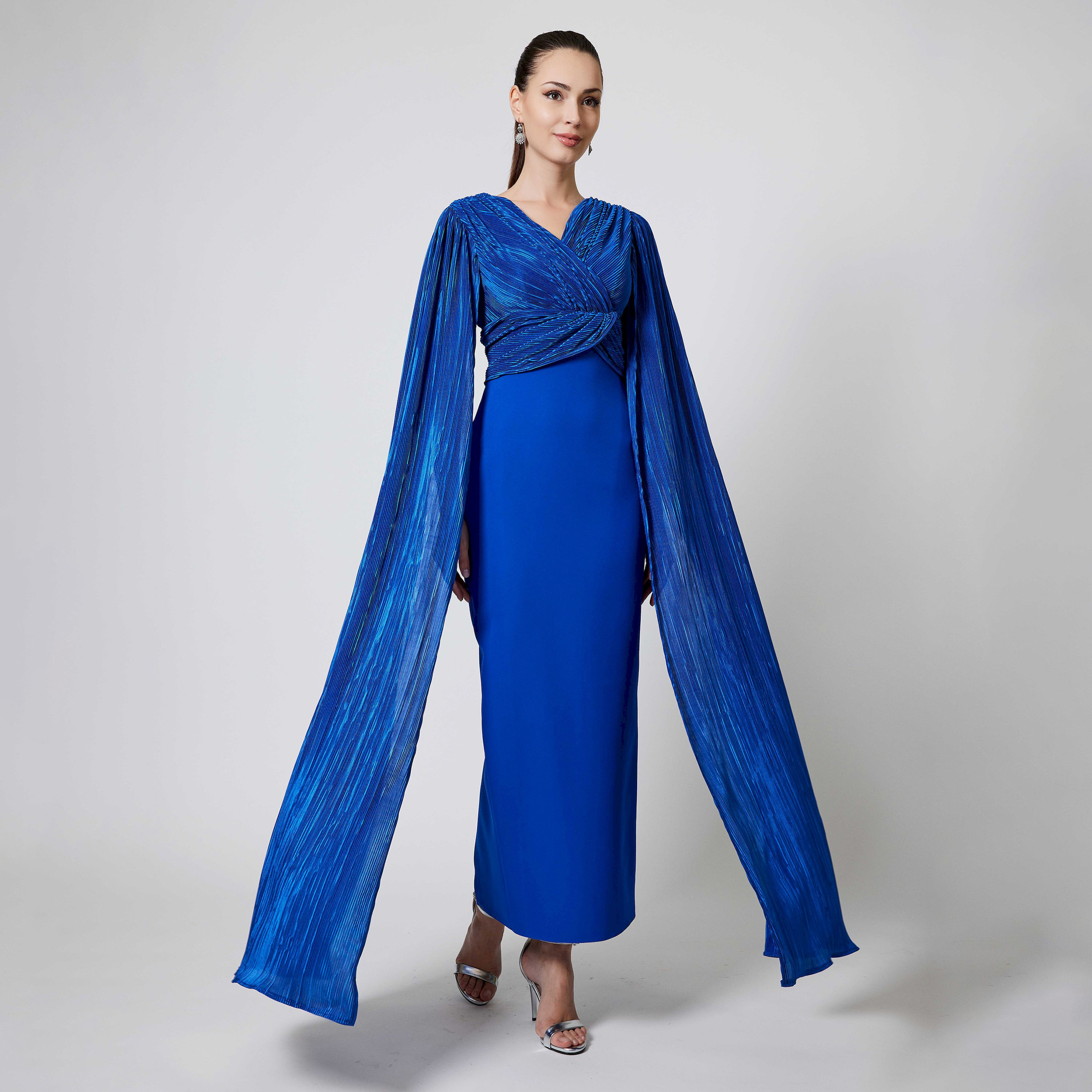 Shop Ispilia Textured V-Neck Pleated Women's Evening wear Maxi Dress ...