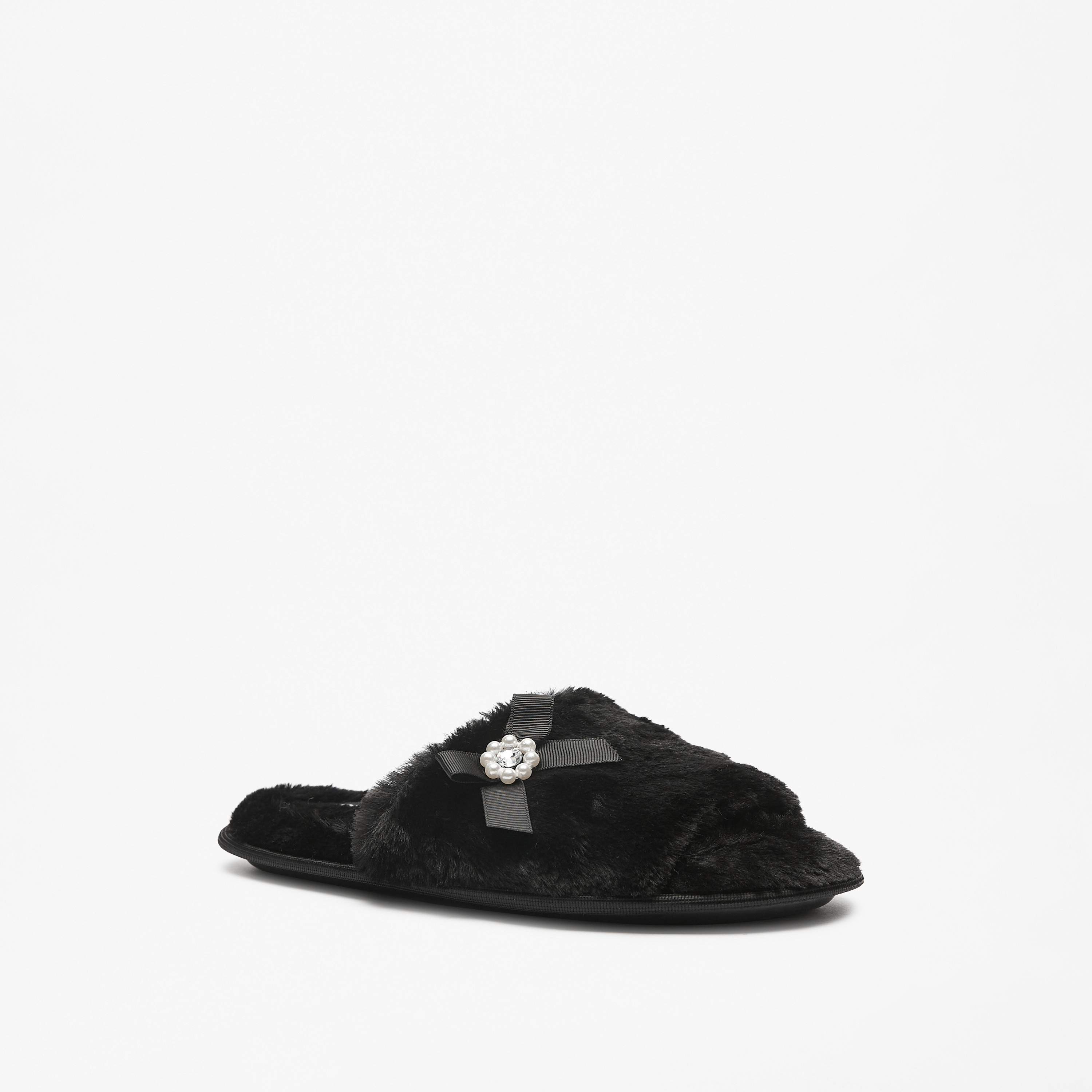 Buy Cozy Plush Textured Bedroom Slides with Bow Detail Online ...