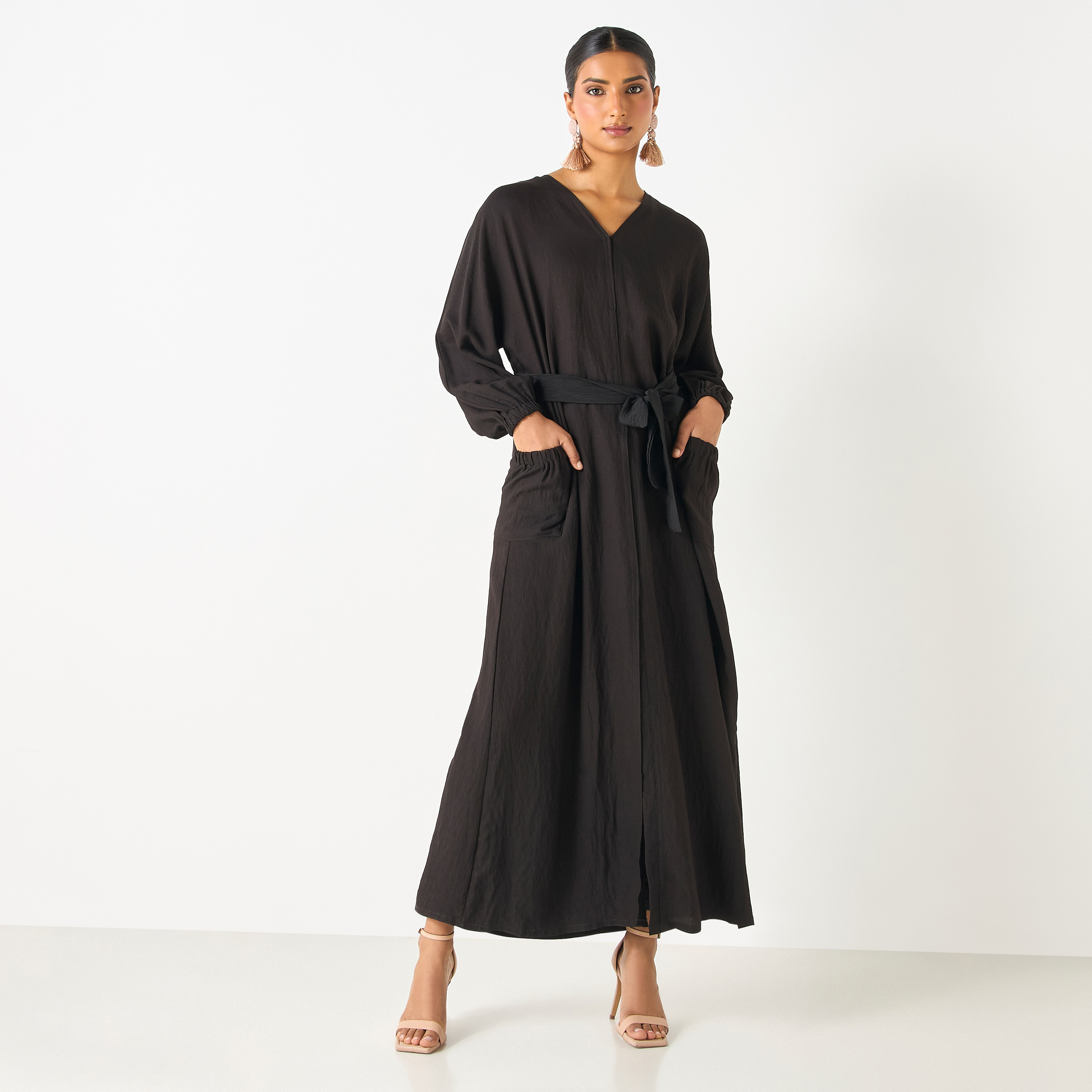 Buy Malikah Solid Belted Abaya with Pockets and Hijab Online ...